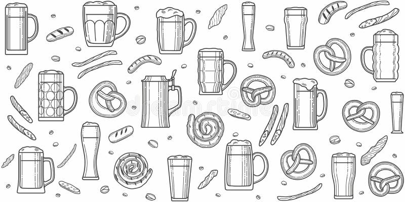 Seamless Pattern with Beer Mugs and Snacks Stock Vector - Illustration ...