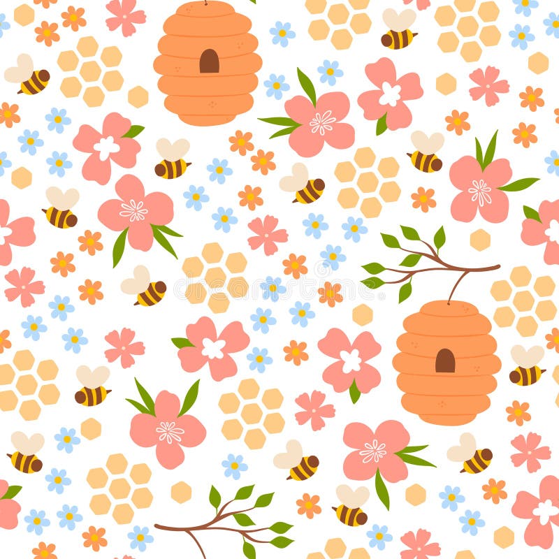 Seamless Pattern of Bees, Beehives and Flowers. Vector Graphics Stock ...