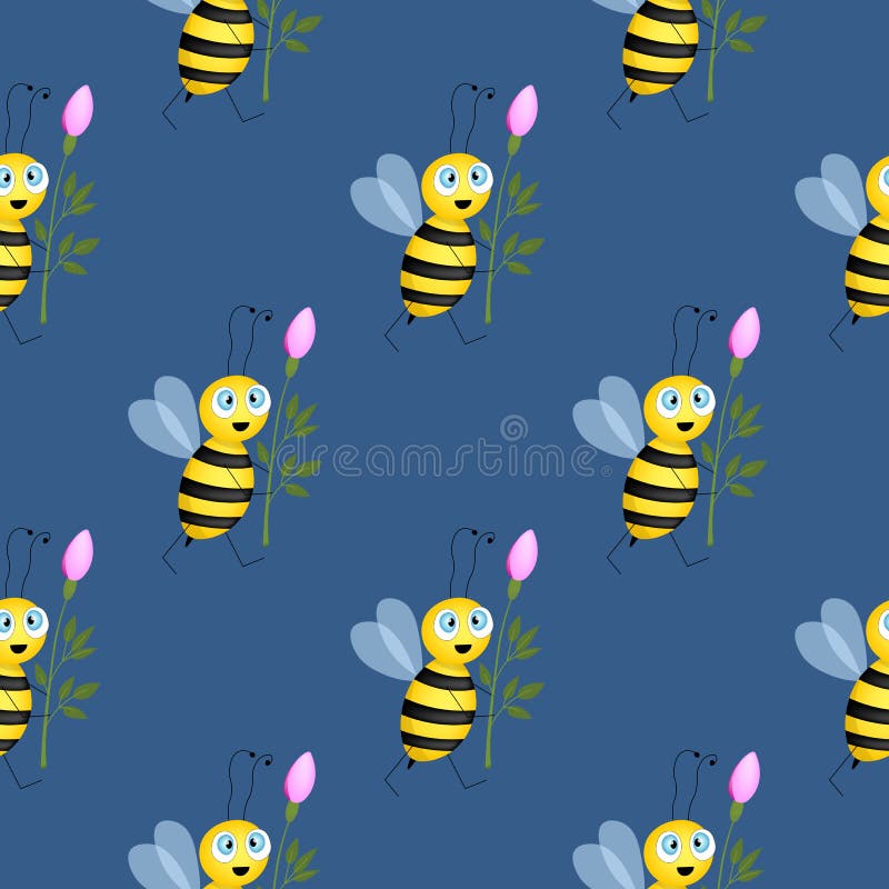 Seamless Pattern with Bees on Blue Background. Small Wasp. Vector ...