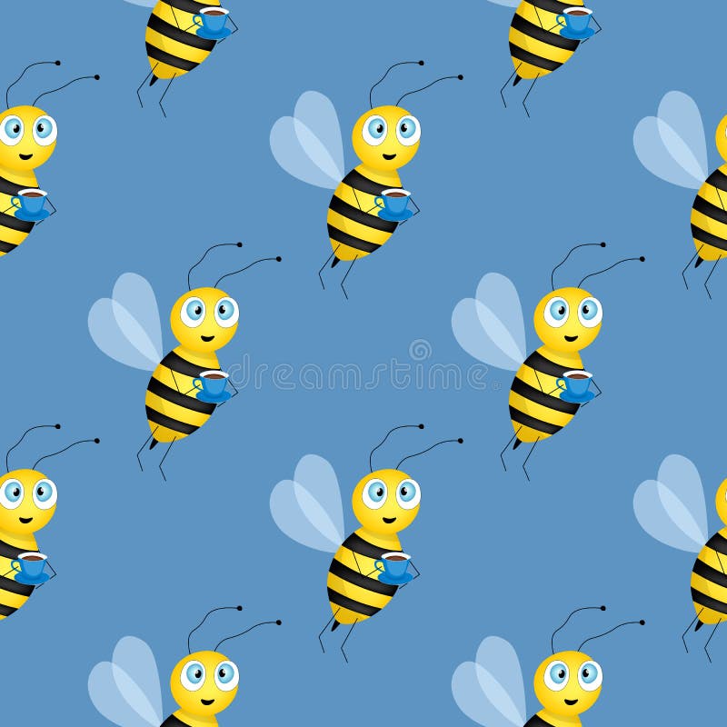 Seamless Pattern with Bees on Blue Background. Small Wasp. Vector ...