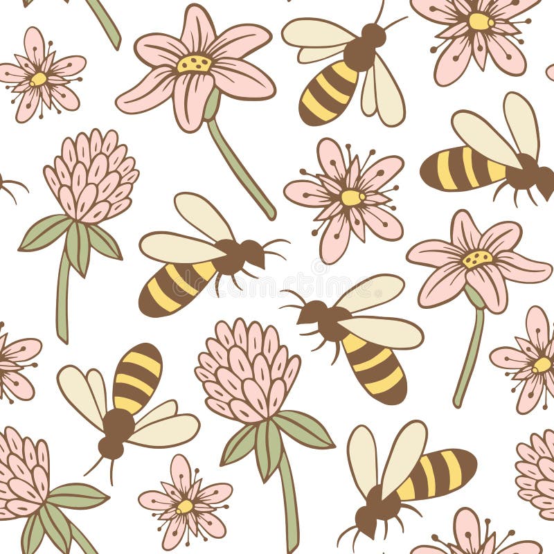 Seamless Pattern with Bees and Flowers Stock Vector - Illustration of ...
