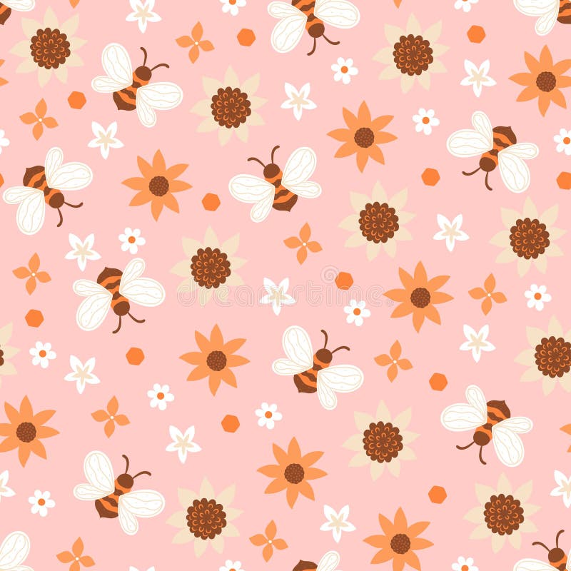 Seamless Pattern with Bees and Flowers. Vector Graphics Stock Vector ...