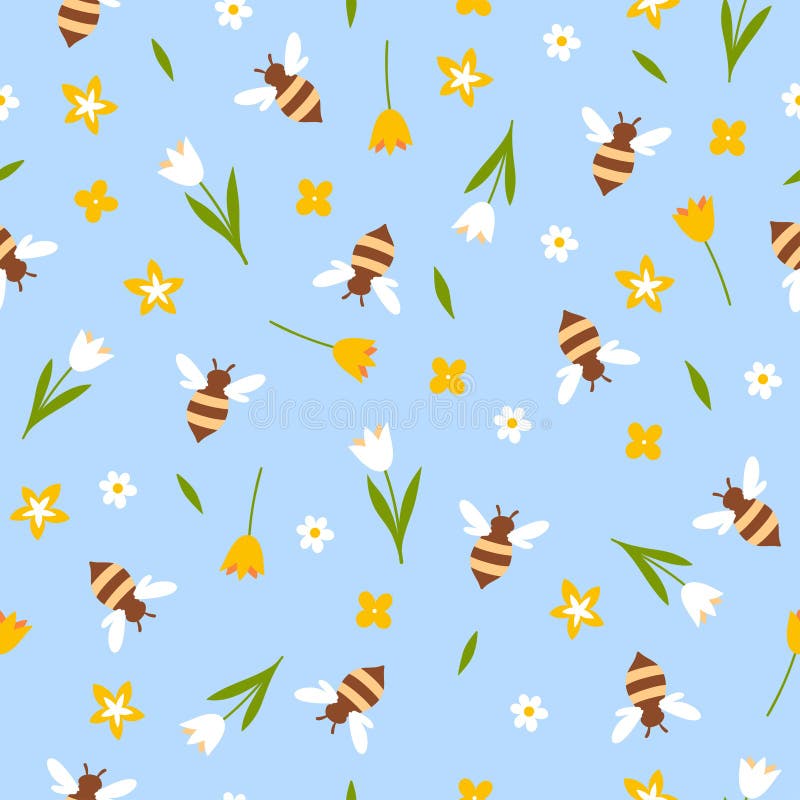 Seamless Pattern of Bees and Flowers. Vector Graphics Stock Vector - Illustration of natural ...