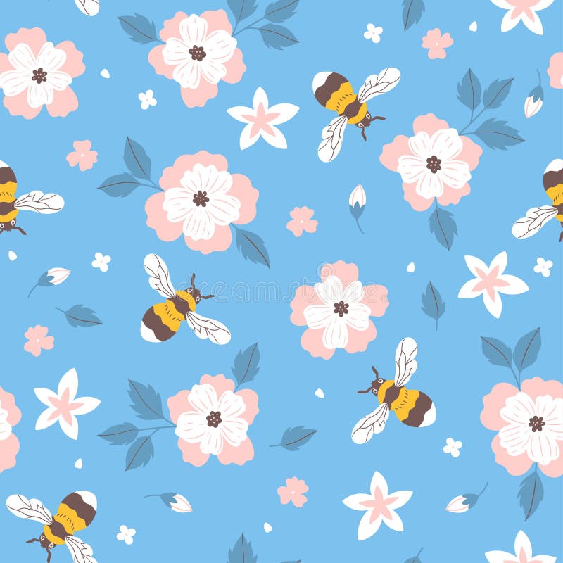 Seamless Pattern with Bees and Pink and White Flowers. Vector Graphics ...