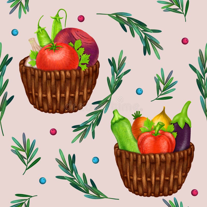 Seamless Pattern on a Beige Background.Vegetables in the Basket Stock ...