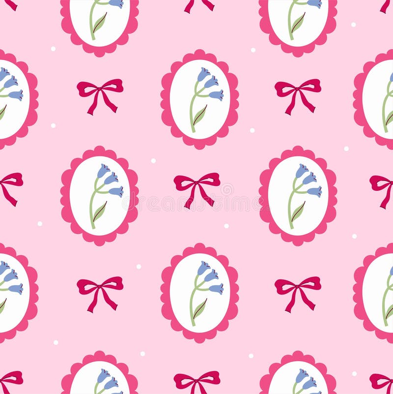Seamless Pattern of Bell Flowers in Oval Frames and Bows. Vector ...
