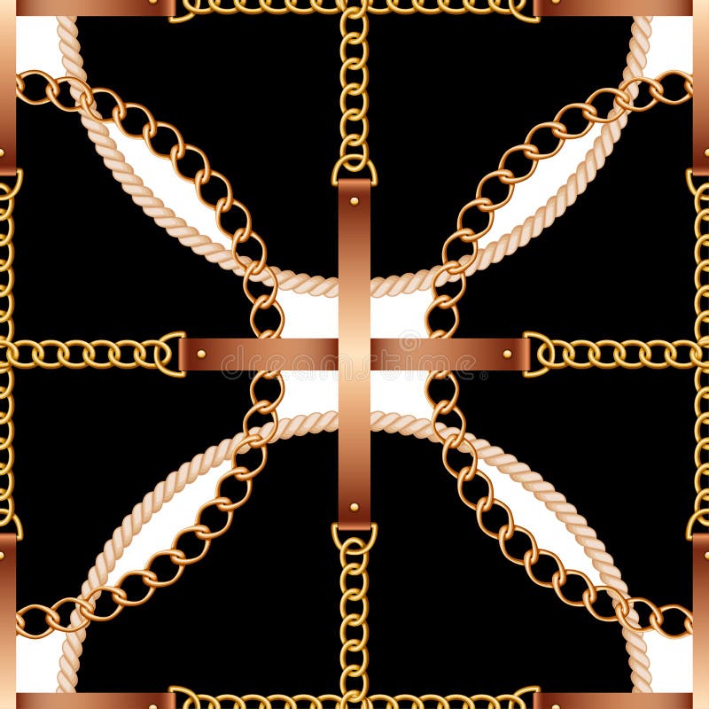 Seamless Pattern with Belts, Chains and Rope on Black and White ...