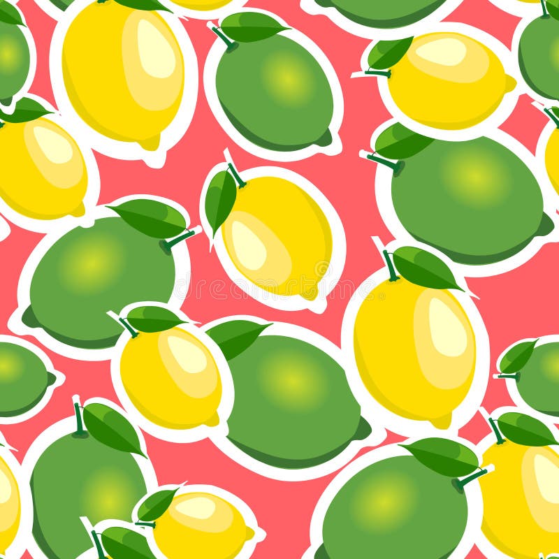 Seamless Pattern with Big Lemons and Limes with Leaves. Red Background ...