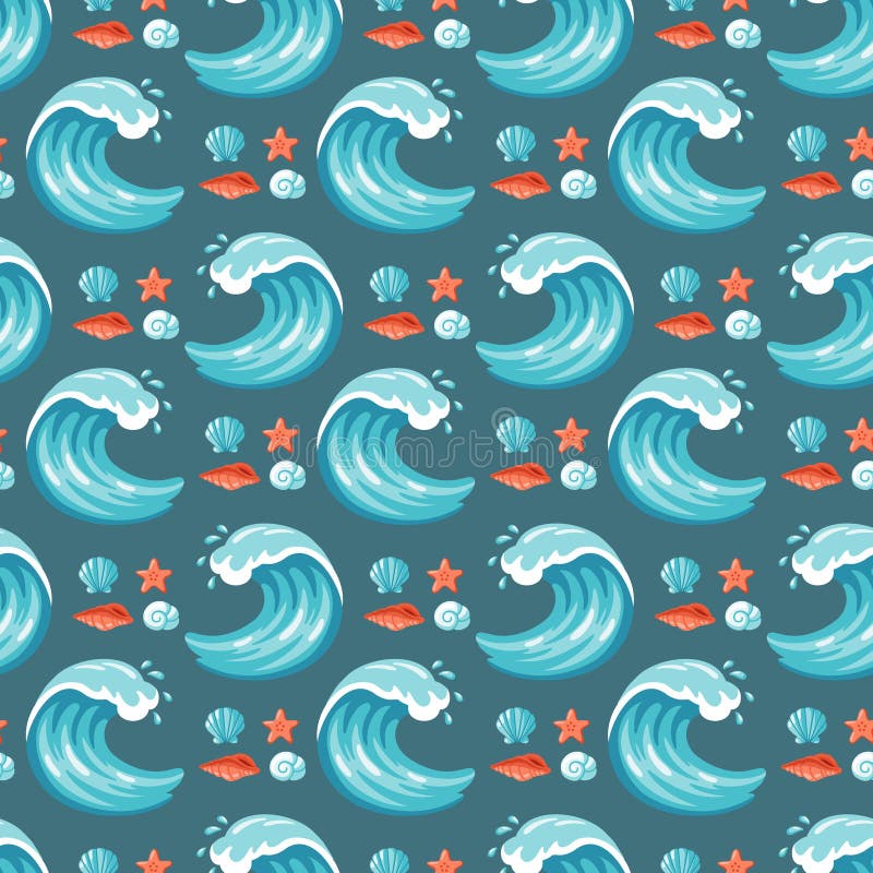 Seamless Pattern with Big Waves, Shells and Starfish on Dark Green ...