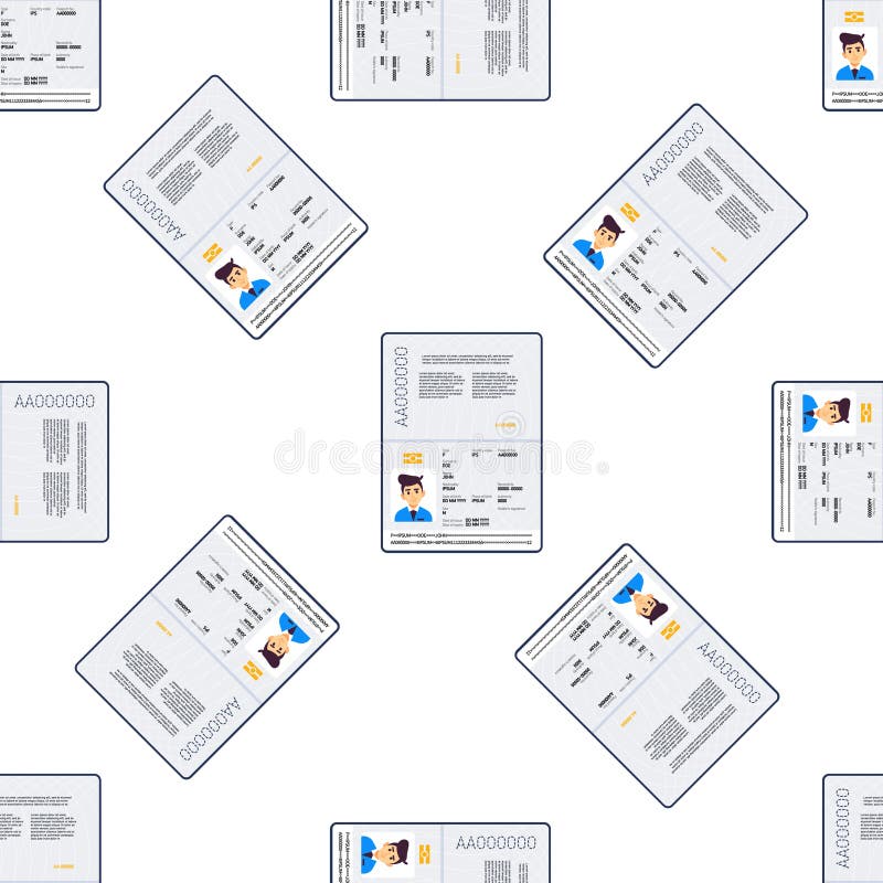 Seamless Pattern with Biometric Passport Open on Personal Data Page ...
