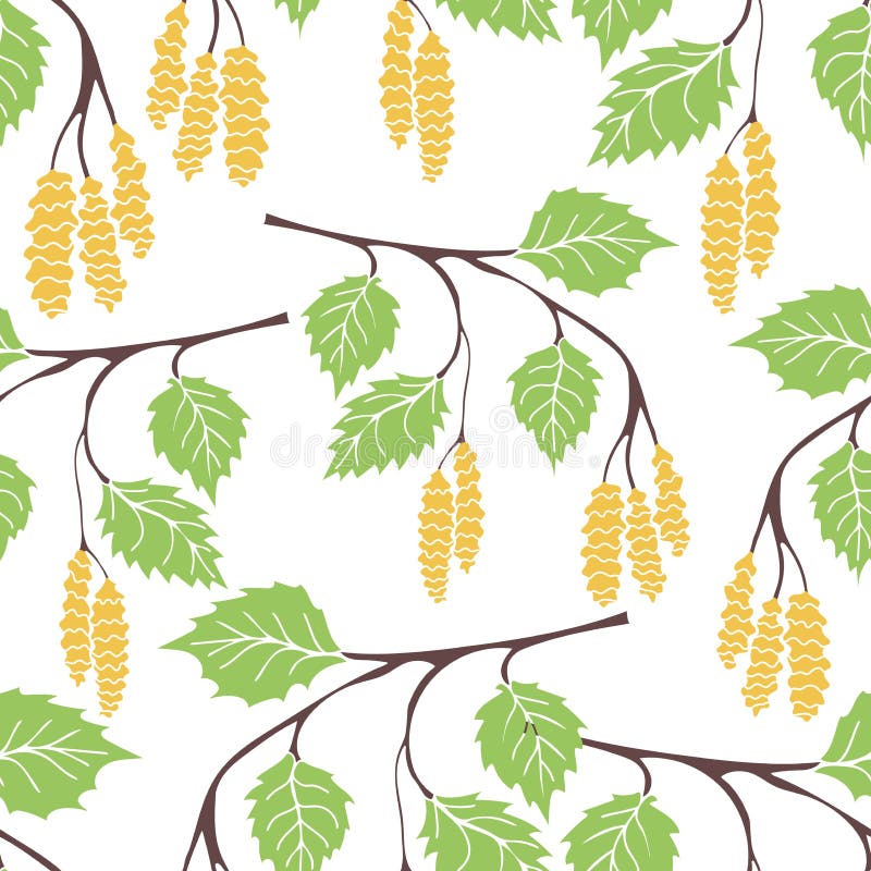 Seamless Pattern with Birch Leaves and Twigs on White Background Stock ...