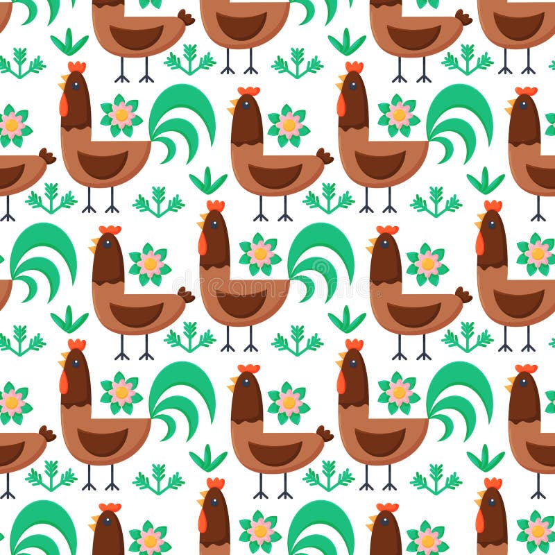 Seamless Pattern with Bird - Chicken and Grass Vector Illustration for ...