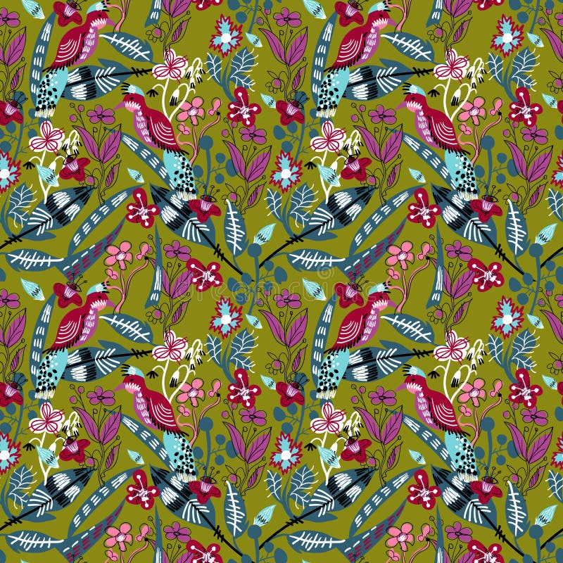 Seamless Pattern with Bird, Leaves and Flowers for Textile Design Stock ...