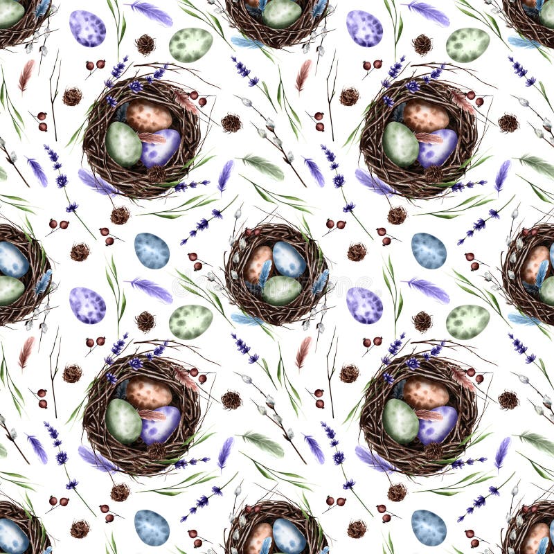 Seamless Pattern with Bird`s Nest and Eggs for Easter. Branches ...