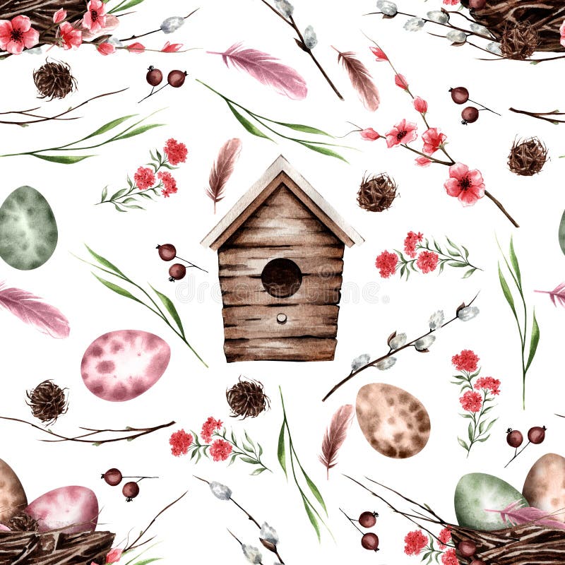 Seamless Pattern with Bird`s Nest and Eggs for Easter on a White ...