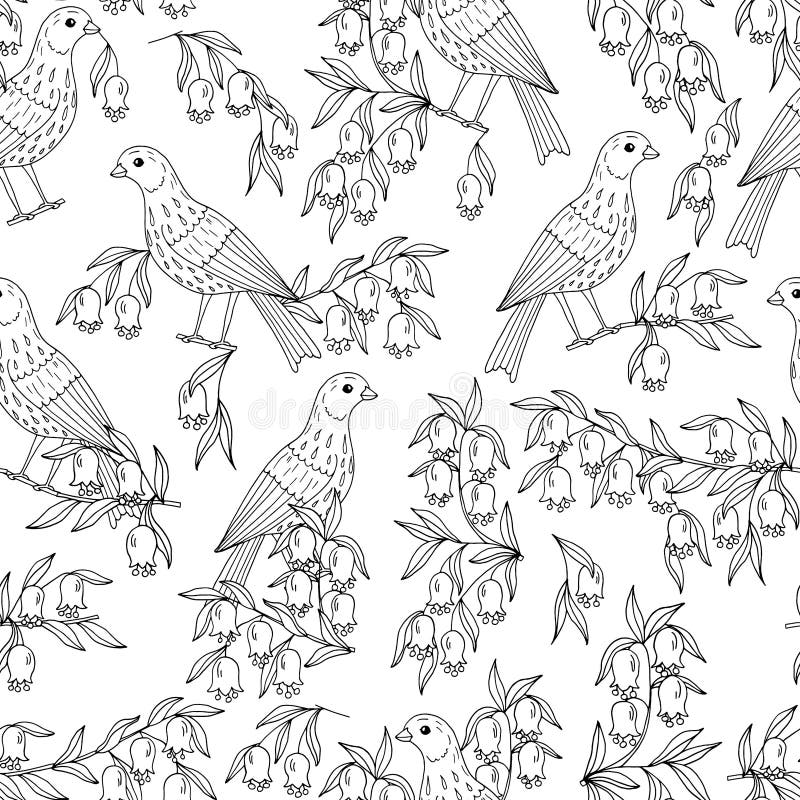 Seamless Pattern with Birds and Flowering Branches, Coloring Page Stock ...