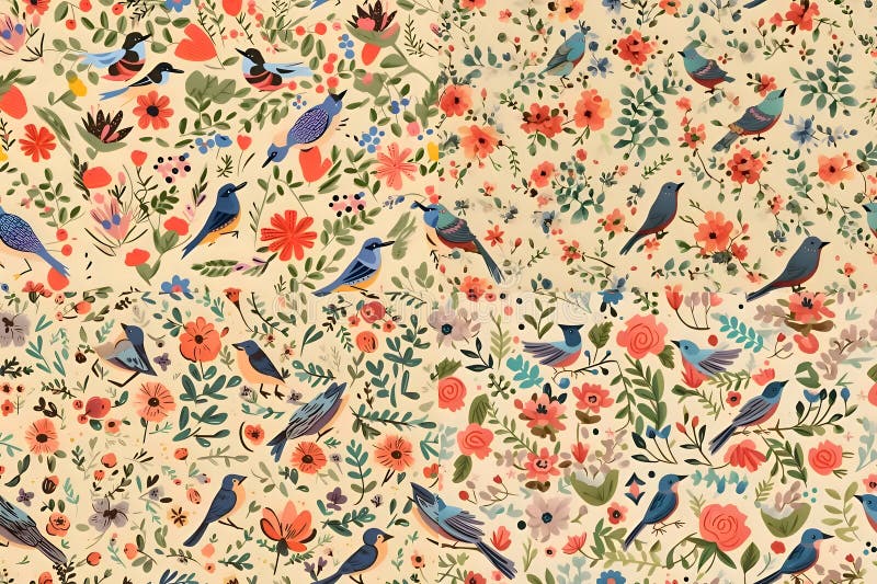 Seamless Pattern with Birds, Flowers and Birds. Vector Illustration ...