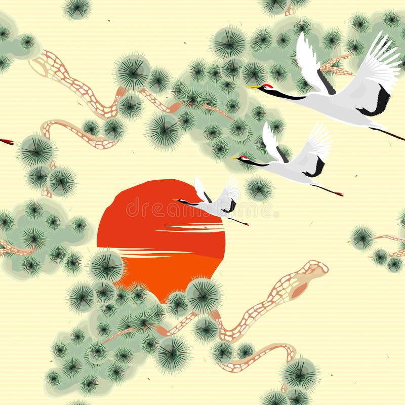 Seamless Pattern with Birds Flying. Cranes & Pine Tree. Japanese ...