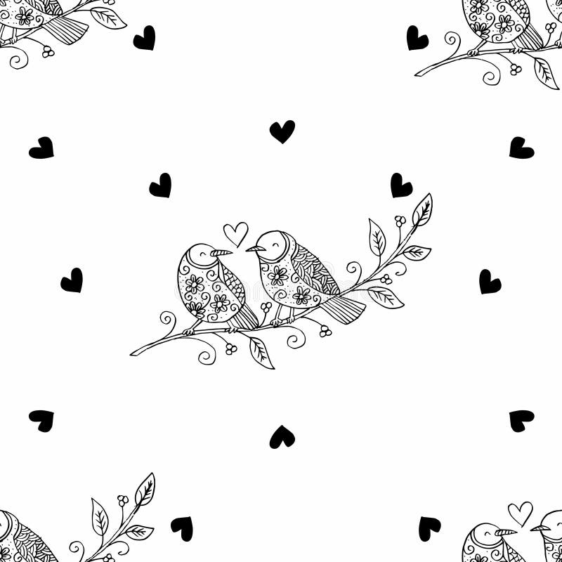 Seamless Pattern with Birds and Hearts on Black and White. Stock ...