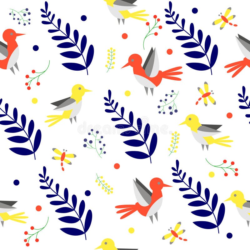 Seamless Pattern with Birds and Leaves. Modern Cute Background for ...