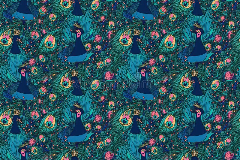 Seamless Pattern with Birds Peacocks with Feathers. Generative AI ...