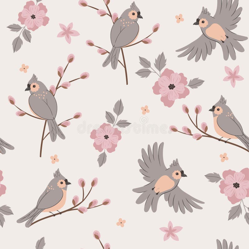 Seamless Pattern with Birds and Pink Flowers. Vector Graphics Stock ...