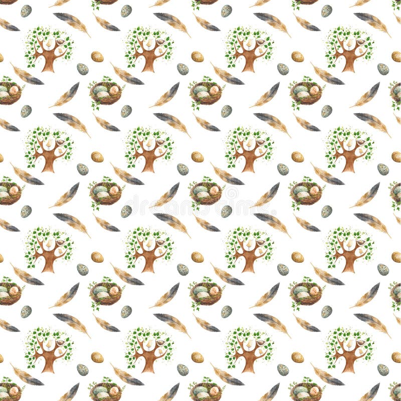 Seamless Pattern with Birds on the Tree, Nest with Eggs and Feathers ...