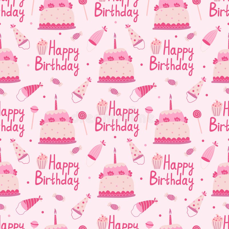 Seamless Pattern with Birthday Cakes, Hats and Lollipops. Stock Vector ...