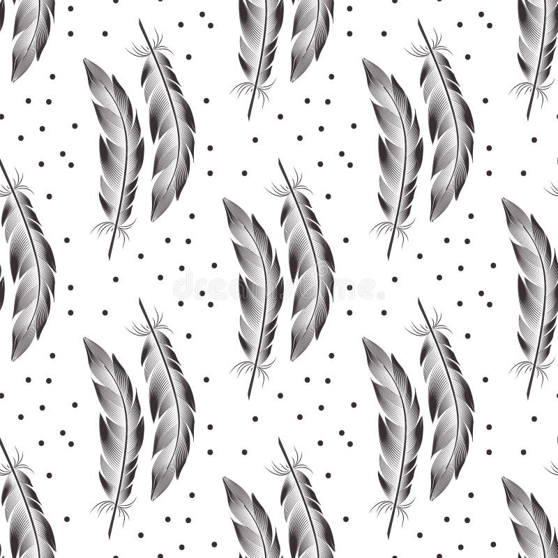Seamless Pattern of Black Big Feathers and Dots. Contours Graphics ...