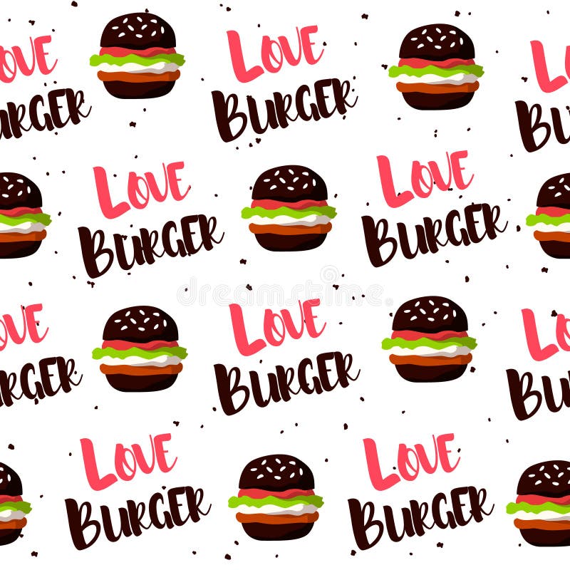 Seamless Pattern with Black Burger and Text on White Background. Vector ...
