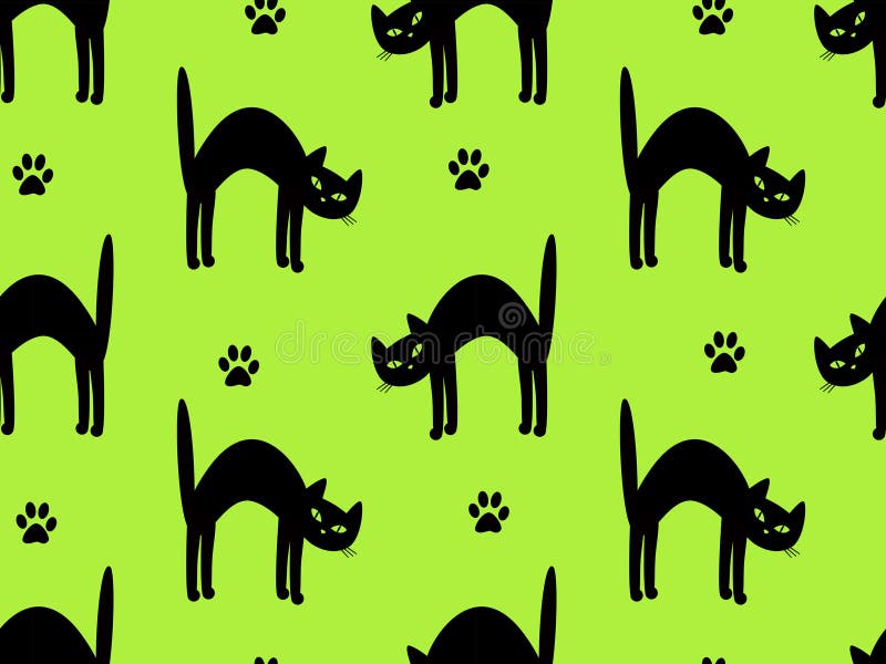 Seamless Pattern with Black Cats on a Green Background Stock ...
