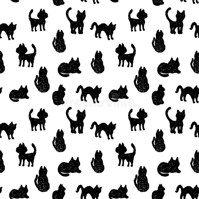 Seamless Pattern Black Cats Silhouettes on White Background. Vector ...