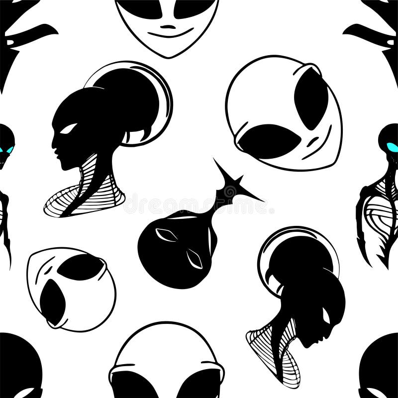 Seamless Pattern Black Graphic Aliens on White Background, Texture ...