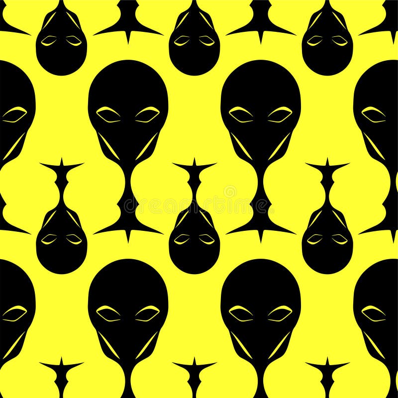 Seamless Pattern Black Graphic Aliens on Yellow Background, Texture ...