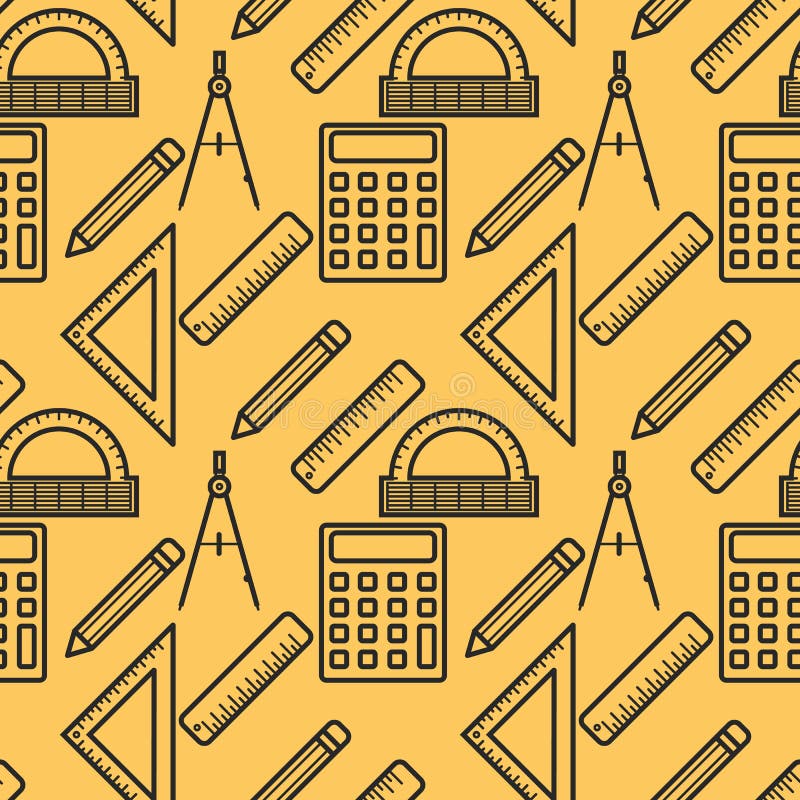 Seamless Pattern with Black Line Art Icon of Ruler, Compasses, Pencil ...
