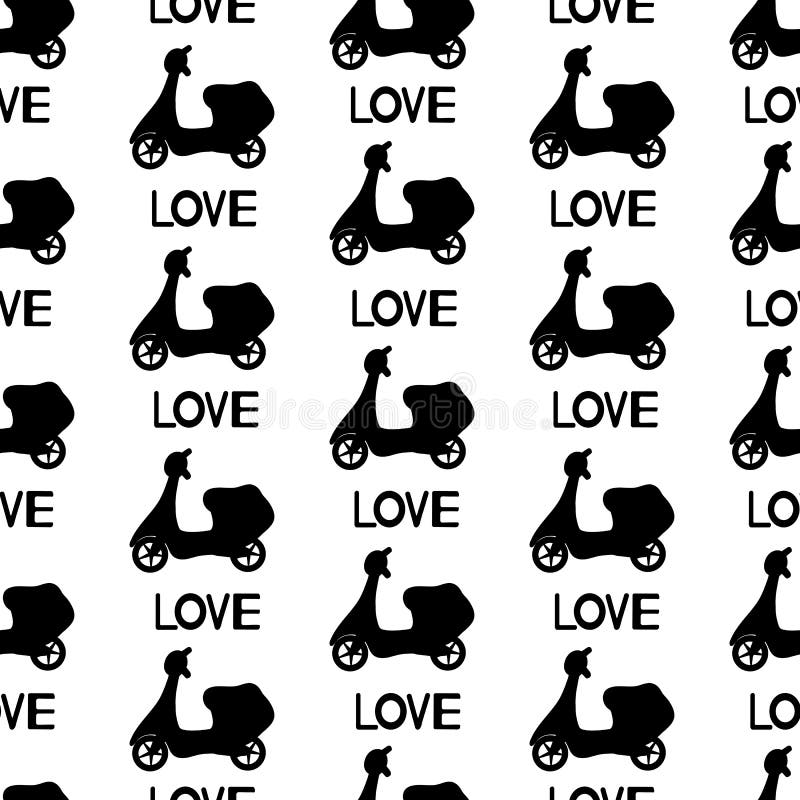 Seamless Pattern with Black Mopeds and Words Love. Stock Vector ...