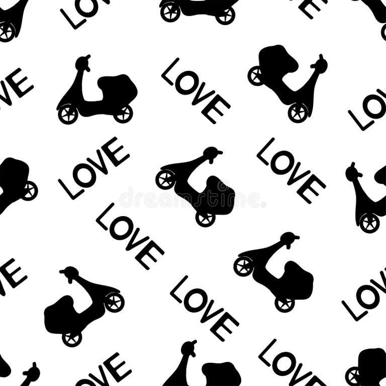 Seamless Pattern with Black Mopeds and Words Love on the White B Stock ...