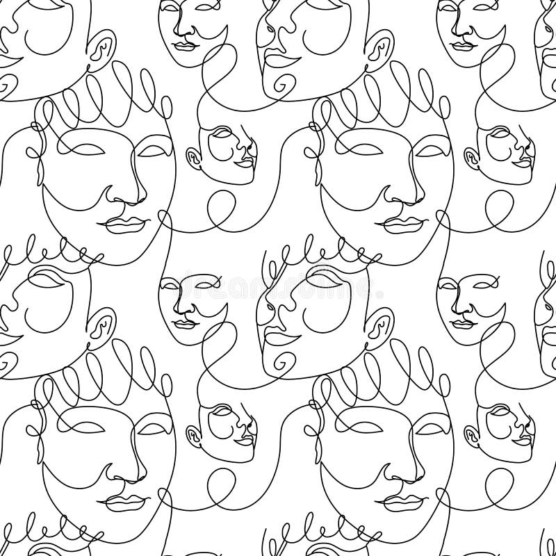 Seamless Pattern with Black One Single Line Drawings of Female Faces ...