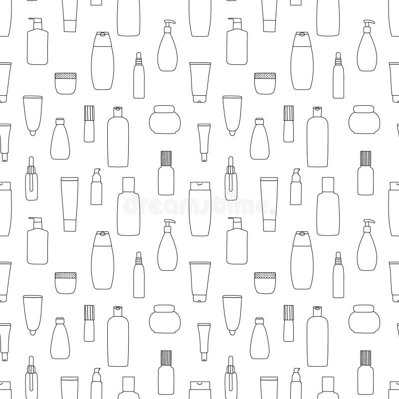 Seamless Pattern with Black Outline Cosmetic Containers Stock Vector ...