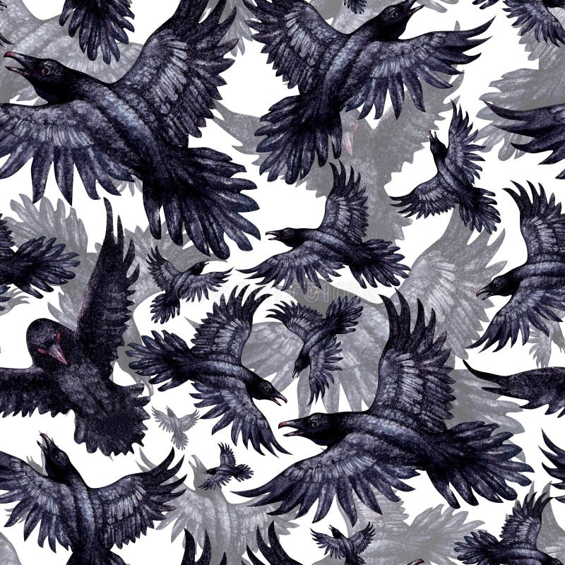 Seamless Pattern with Black Ravens with Open Wings. Watercolor ...