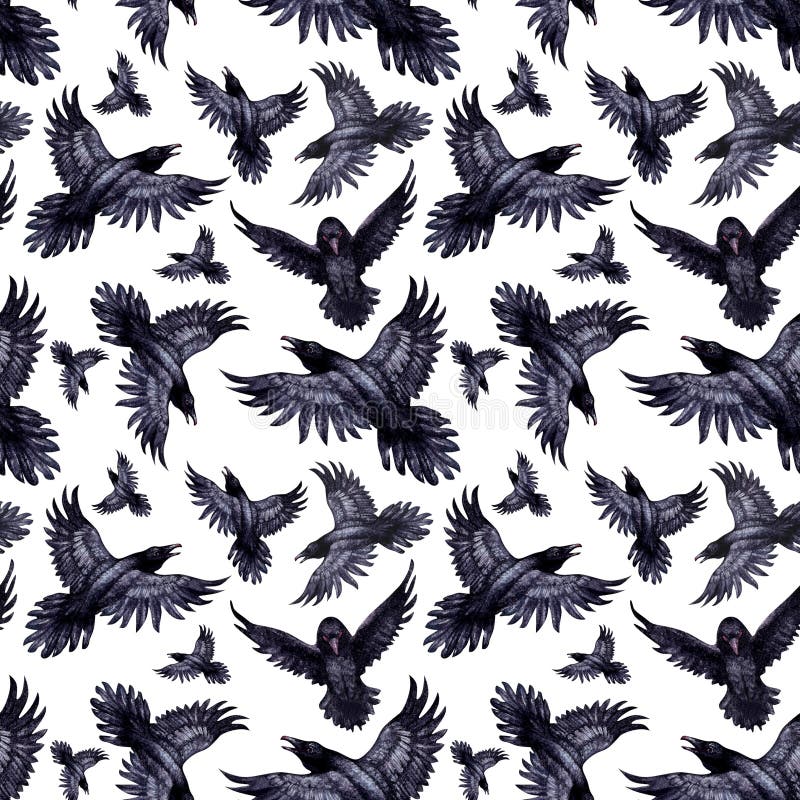 Seamless Pattern with Black Ravens with Open Wings. Watercolor ...