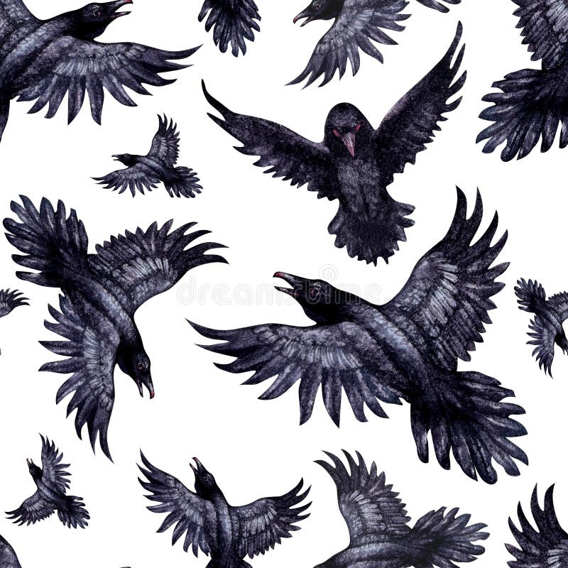 Seamless Pattern with Black Ravens with Open Wings. Watercolor ...