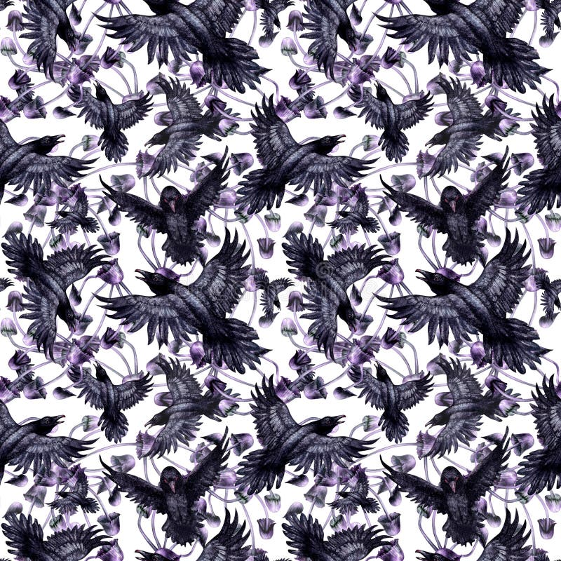 Seamless Pattern with Black Ravens and Purple Toadstools. Watercolor ...