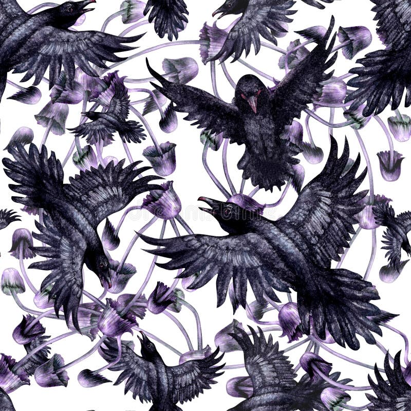 Seamless Pattern with Black Ravens and Purple Toadstools. Watercolor ...