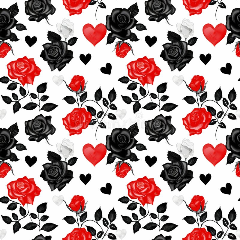 Seamless Pattern of Black and Red Roses and Hearts on White Background ...