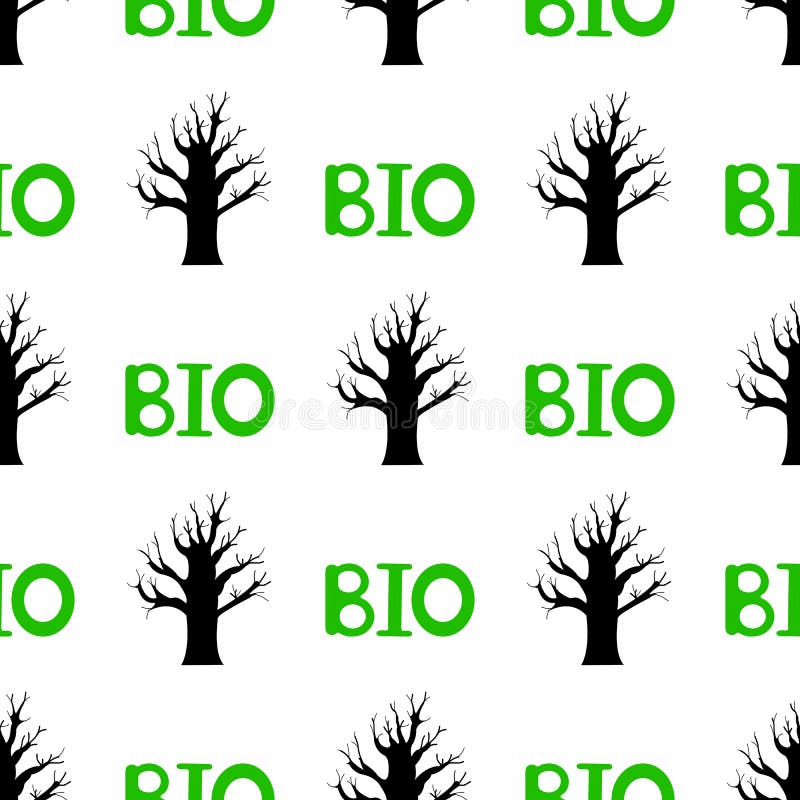 Seamless Pattern with Black Trees and Words Bio. Stock Illustration ...