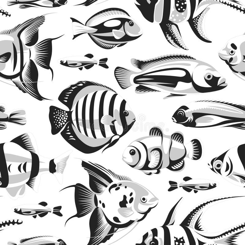 Seamless Pattern with Black and White Fish Isolated on a White ...