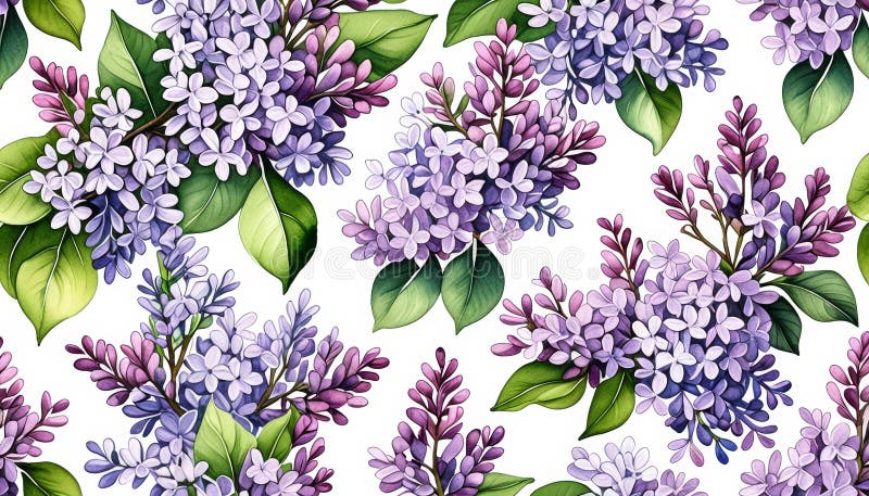 Seamless Pattern of Blooming Lilacs with Green Leaves on White ...