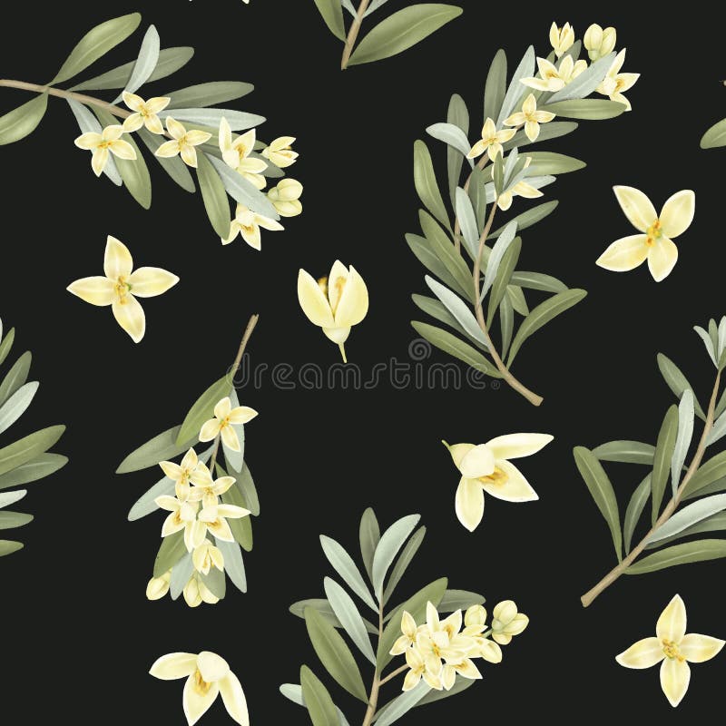 Seamless Pattern of Blooming Olive Tree Branches and Olive Flowers ...
