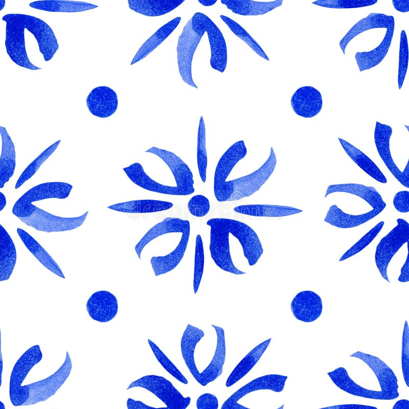 Seamless Pattern Blue Abstract Flowers with Dots Stock Illustration ...